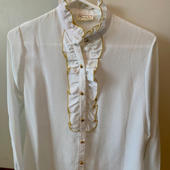 Wing Kwong | Tops | Vintage Gold Trim Ruffle Collar White Blouse Wing ...